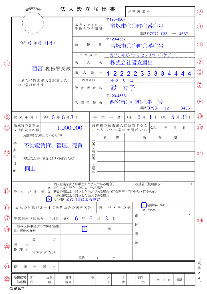 法人設立届出書の書き方と記載例 税務会計実務ノート